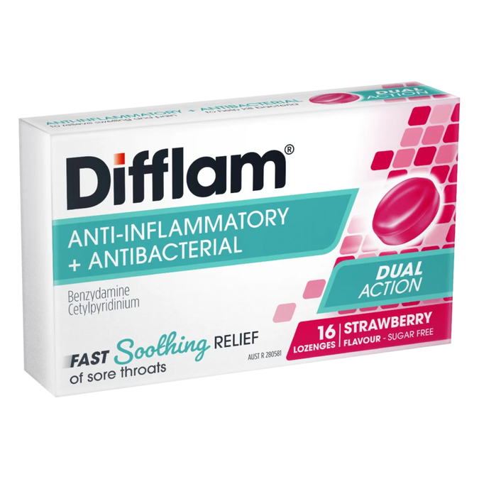 Difflam Anti-Inflammatory + Antibacterial Strawberry 16 Lozenges ...
