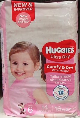 Huggies Ultra Dry For Girls Junior Size 6 16kg & over 14 Nappies ...